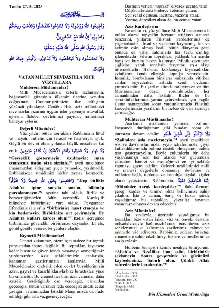 Diyanet Cuma Hutbesi 27 Ekim 2023 - Nukteler